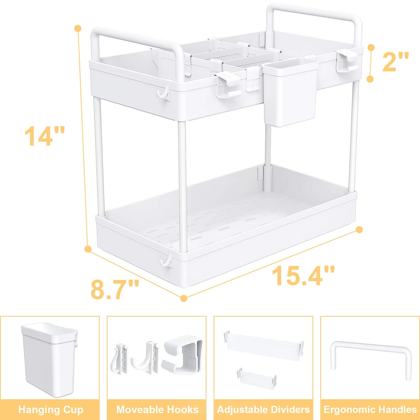 Ronlap 2 Pack Under Sink Organizers and Storage, 2 Tier Bathroom Organizer Under Sink with Handle Hanging Cup Hooks Dividers, Kitchen Organization and Storage Under Sink Cabinet Counter Shelf, White