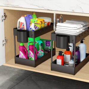 jocher 2 pack under sink organizers and storage,2 tier under bathroom sink organizer with hooks and hanging cup,multi-purpose cabinet organizer under sink storage shelf for bathroom kitchen(black)