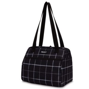 packit freezable hampton lunch bag, black grid, built with ecofreeze technology, collapsible, reusable, zip closure with front pocket and shoulder straps, perfect for tweens and adults