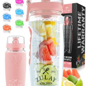 Zulay 34 oz Large, Leakproof Fruit Infuser Water Bottle With Sleeve And Anti-Slip Grip - Men and Women's Ideal Fitness Gift Or For Gym, Camping, and Travel - Cotton Candy Pink