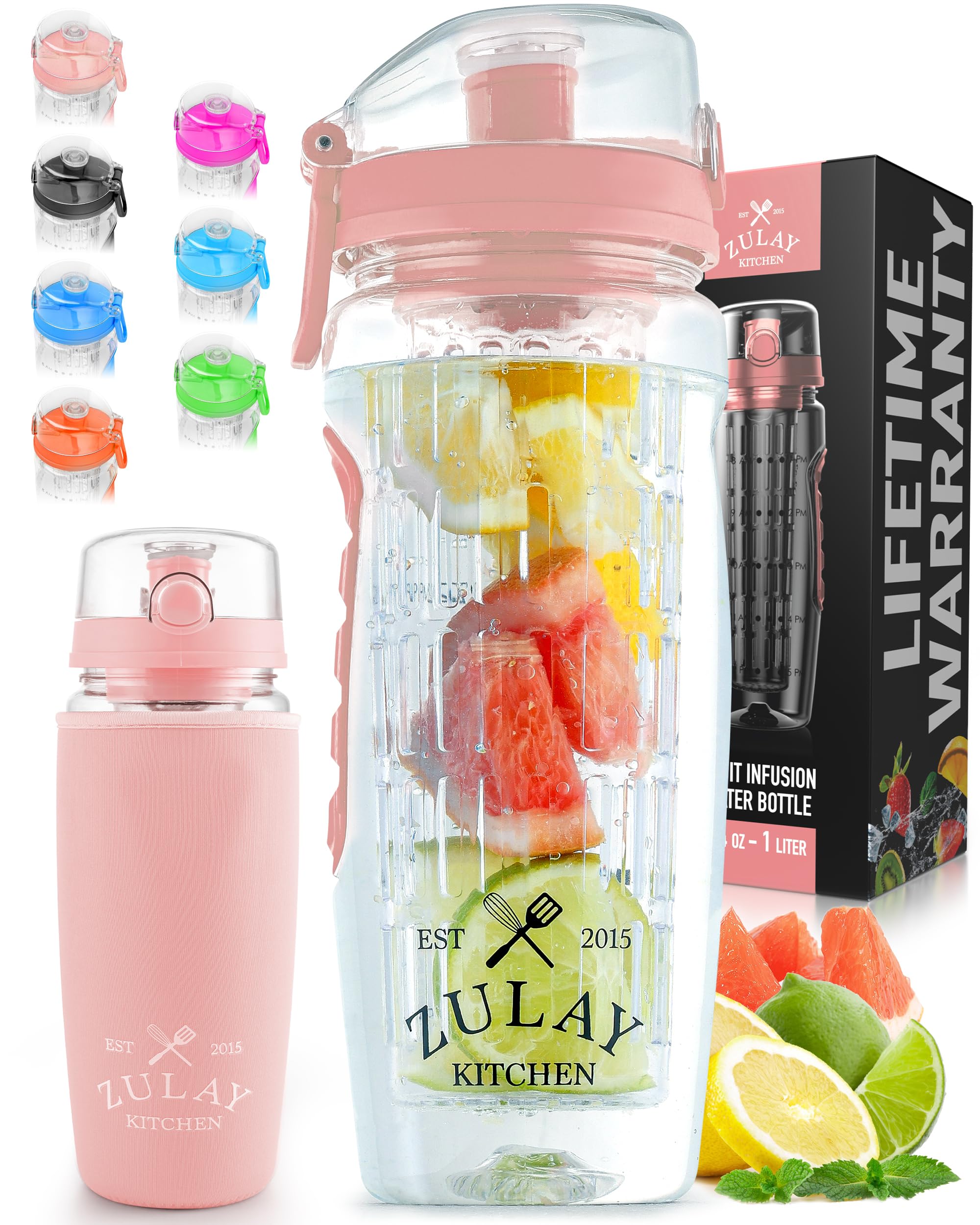 Zulay 34 oz Large, Leakproof Fruit Infuser Water Bottle With Sleeve And Anti-Slip Grip - Men and Women's Ideal Fitness Gift Or For Gym, Camping, and Travel - Cotton Candy Pink