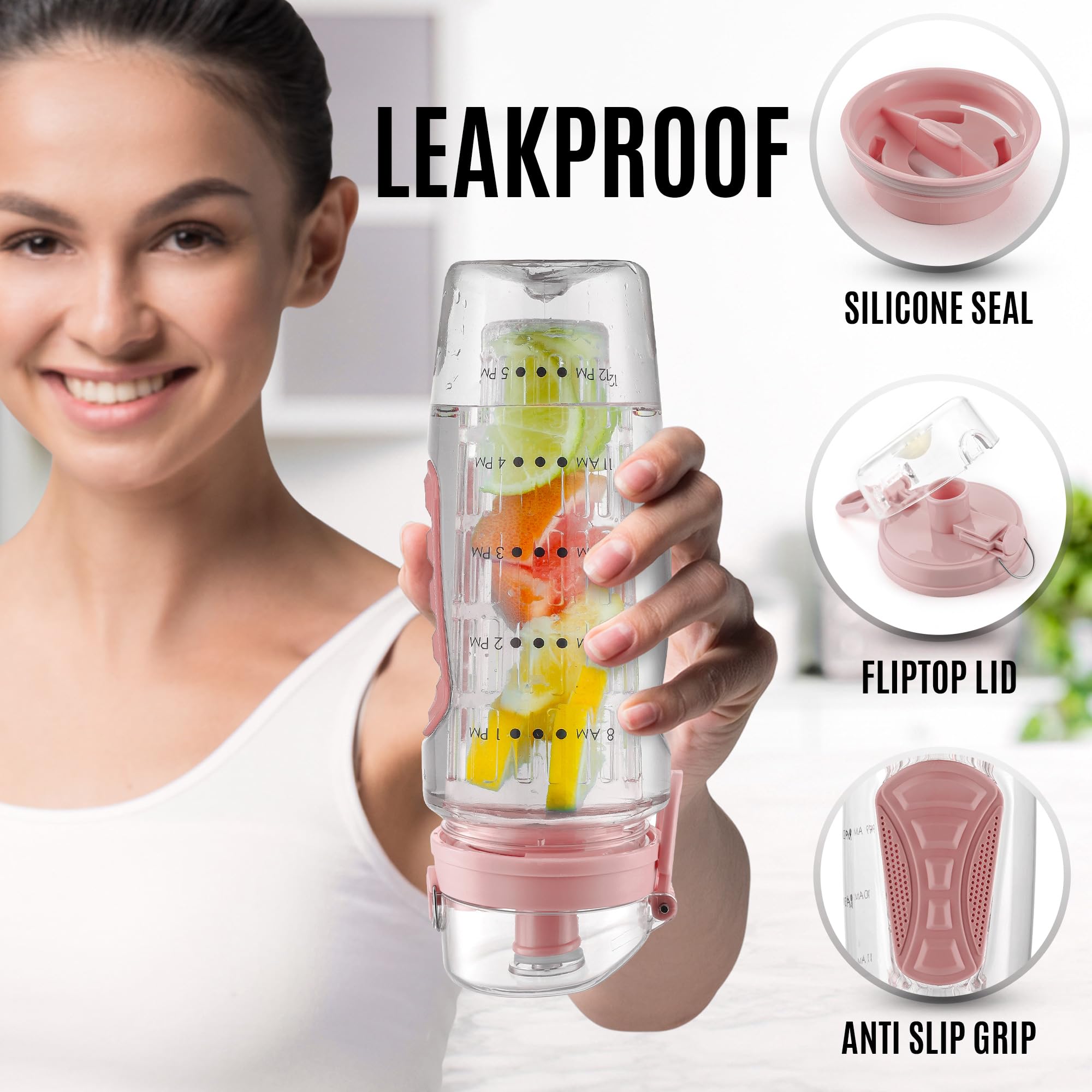 Zulay 34 oz Large, Leakproof Fruit Infuser Water Bottle With Sleeve And Anti-Slip Grip - Men and Women's Ideal Fitness Gift Or For Gym, Camping, and Travel - Cotton Candy Pink