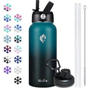 Elvira 32oz Vacuum Insulated Stainless Steel Water Bottle with Straw & Spout Lids, Double Wall Sweat-proof BPA Free to Keep Beverages Cold For 24Hrs or Hot For 12Hrs-Green/Black