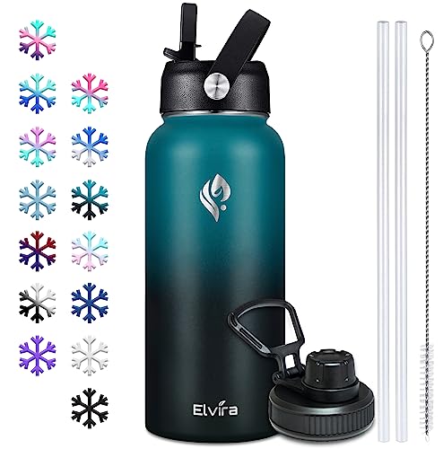 Elvira 32oz Vacuum Insulated Stainless Steel Water Bottle with Straw & Spout Lids, Double Wall Sweat-proof BPA Free to Keep Beverages Cold For 24Hrs or Hot For 12Hrs-Green/Black