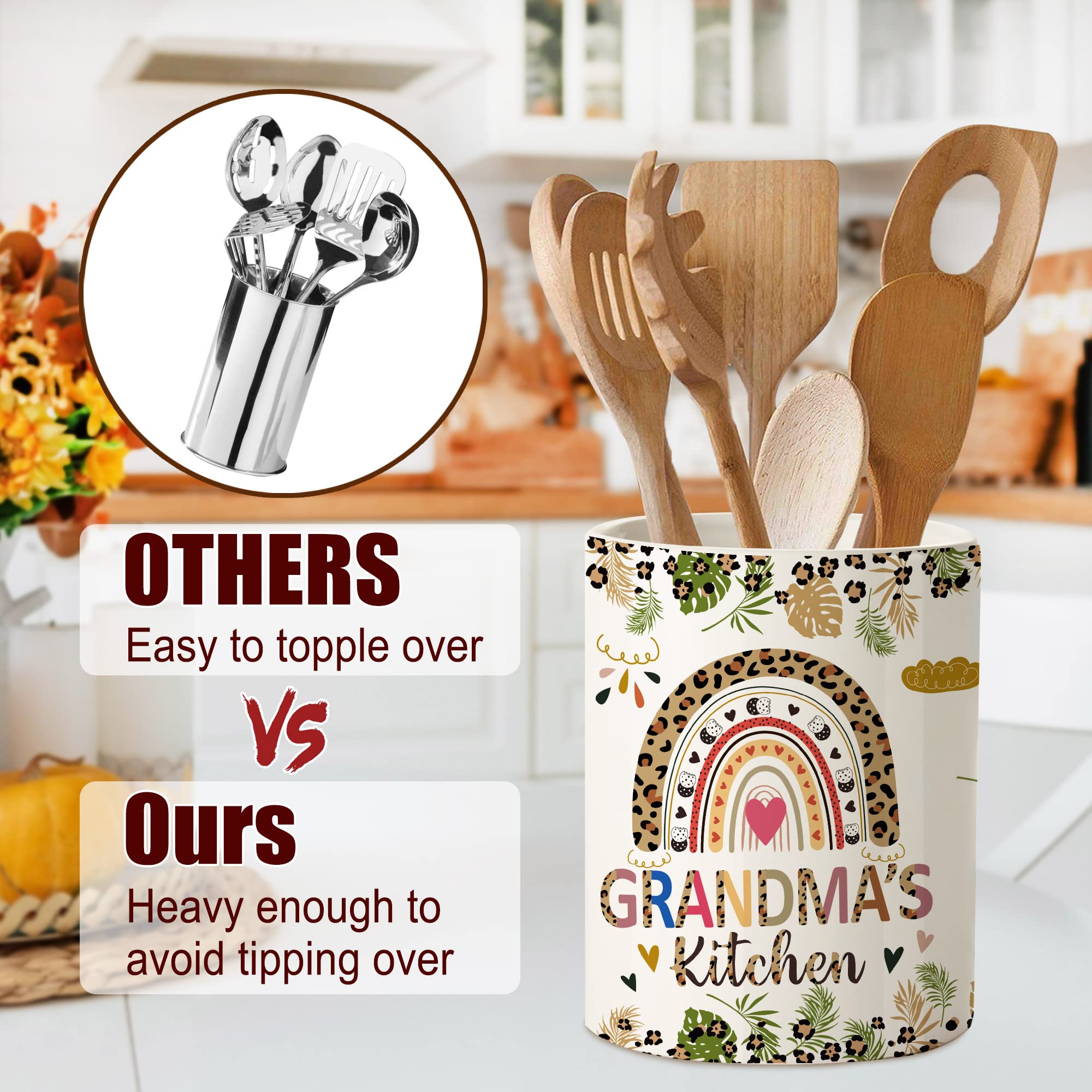 Rabbitable Gifts for Grandma Utensil Holder-Cooking Tools Mothers Day Grandma Gifts For Kitchen-Great Gifts for Grandma Modern Farmhouse Ceramic Utensil Crock with Non-slip mat for Christmas