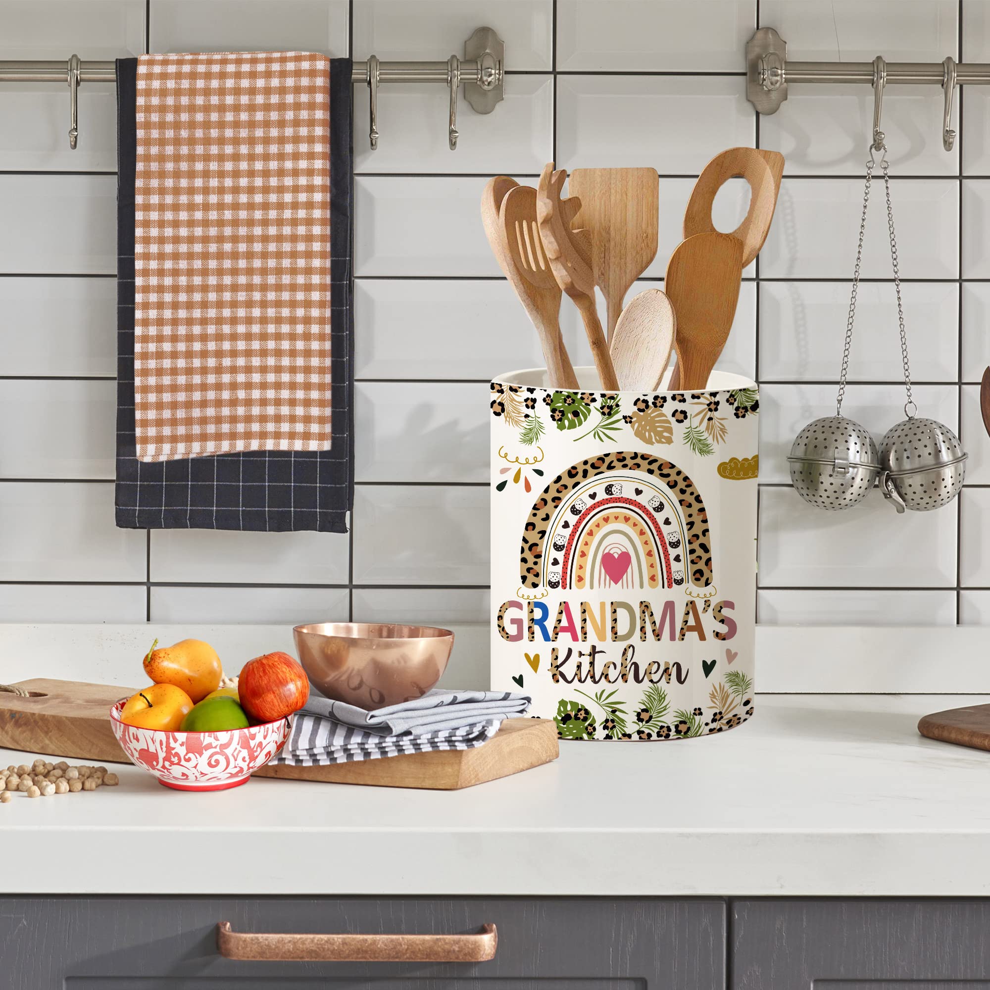 Rabbitable Gifts for Grandma Utensil Holder-Cooking Tools Mothers Day Grandma Gifts For Kitchen-Great Gifts for Grandma Modern Farmhouse Ceramic Utensil Crock with Non-slip mat for Christmas