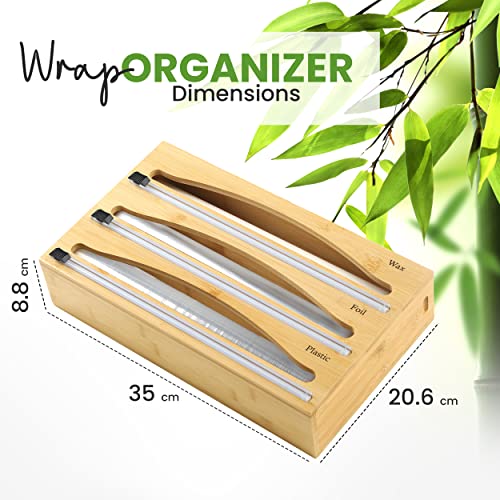 Utopia Kitchen 3 in 1 Foil and Plastic Wrap Organizer, Plastic Wrap Dispenser with Cutter, Bamboo Dispenser for Kitchen Organization and Storage - Fits 12 Inch Rolls - Natural