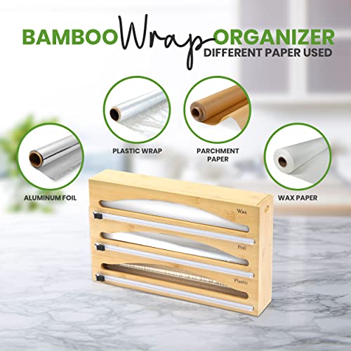 Utopia Kitchen 3 in 1 Foil and Plastic Wrap Organizer, Plastic Wrap Dispenser with Cutter, Bamboo Dispenser for Kitchen Organization and Storage - Fits 12 Inch Rolls - Natural