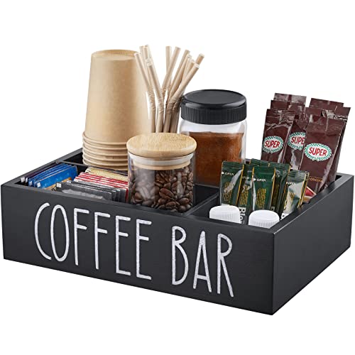 ALELION Coffee Station Organizer with Removable Dividers - Wood Bar Accessories Organizer for Countertop - Pod Holder Basket for Sugar Tea - Black Table Decor