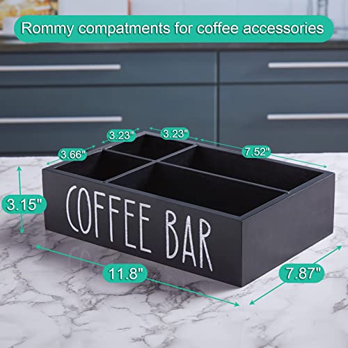 ALELION Coffee Station Organizer with Removable Dividers - Wood Bar Accessories Organizer for Countertop - Pod Holder Basket for Sugar Tea - Black Table Decor