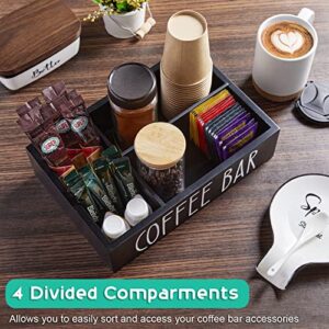 ALELION Coffee Station Organizer with Removable Dividers - Wood Bar Accessories Organizer for Countertop - Pod Holder Basket for Sugar Tea - Black Table Decor