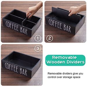 ALELION Coffee Station Organizer with Removable Dividers - Wood Bar Accessories Organizer for Countertop - Pod Holder Basket for Sugar Tea - Black Table Decor