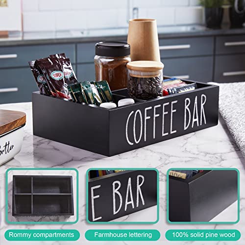 ALELION Coffee Station Organizer with Removable Dividers - Wood Bar Accessories Organizer for Countertop - Pod Holder Basket for Sugar Tea - Black Table Decor