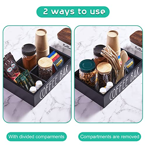 ALELION Coffee Station Organizer with Removable Dividers - Wood Bar Accessories Organizer for Countertop - Pod Holder Basket for Sugar Tea - Black Table Decor