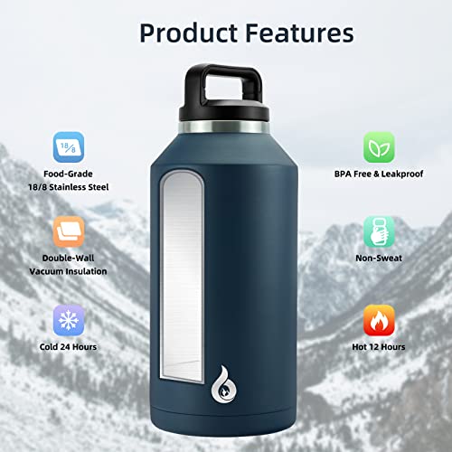 BJPKPK Half Gallon Water Bottle Insulated, with Handle, Dishwasher Safe 64oz, Leakproof BPA Free Water Jug, Large Stainless Steel Bottle for Sports, Navy Blue