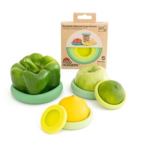 food huggers 5pc reusable silicone food savers | bpa free & dishwasher safe | fruit & vegetable produce storage for onion, tomato, lemon, banana, cans & more | round, sage green