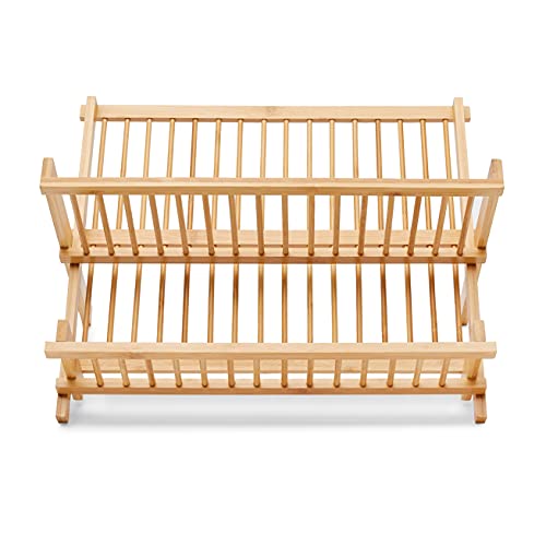 Amazon Basics Folding 2-Tier Bamboo Dish Drying Rack - Collapsible, Natural