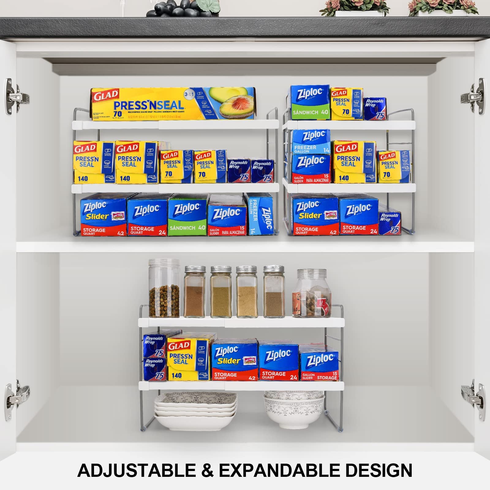 MAGLADY Adjustable Organizer for Aluminum Foil and Plastic Wrap, Organizer for Pantry and Kitchen Cabinet Storage, Expandable 9'' to 15.6''