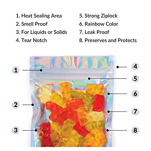 Mylar Bags with Ziplock 4 x 6" | 100 Bags | Rainbow Holographic | Sealable Heat Seal Bags for Candy and Food Packaging, Medications and Vitamins | For Liquid and Solids (4" x 6")