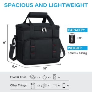 Insulated Lunch Bag for Men Women Reusable Lunch Box for Work Office Picnic 12-Can (10L) Lunch Cooler Bag Leakproof Lunchbox for Adults with Adjustable Shoulder Strap, Black