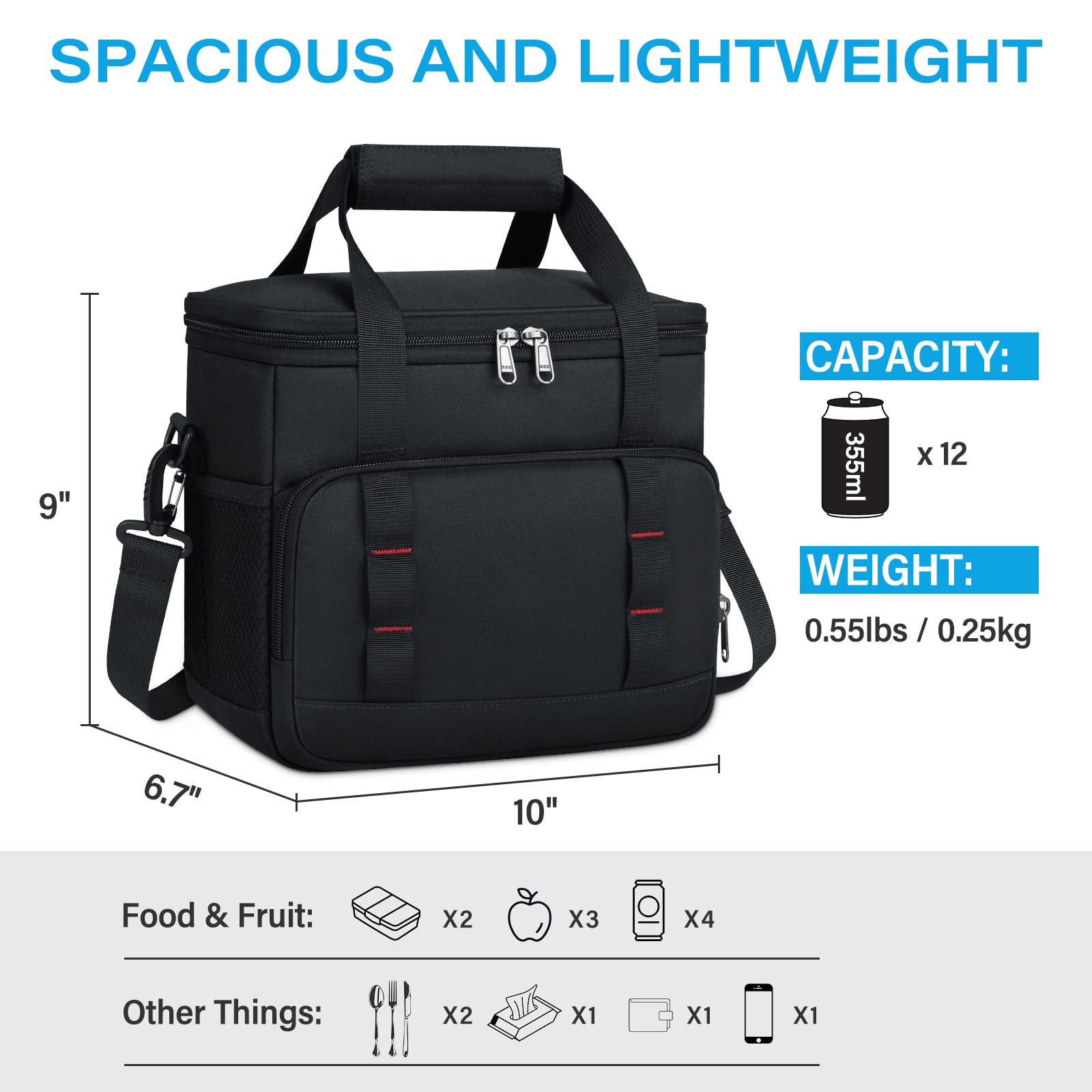 Insulated Lunch Bag for Men Women Reusable Lunch Box for Work Office Picnic 12-Can (10L) Lunch Cooler Bag Leakproof Lunchbox for Adults with Adjustable Shoulder Strap, Black