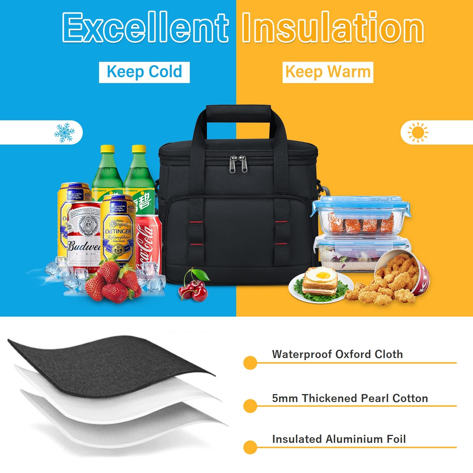 Insulated Lunch Bag for Men Women Reusable Lunch Box for Work Office Picnic 12-Can (10L) Lunch Cooler Bag Leakproof Lunchbox for Adults with Adjustable Shoulder Strap, Black