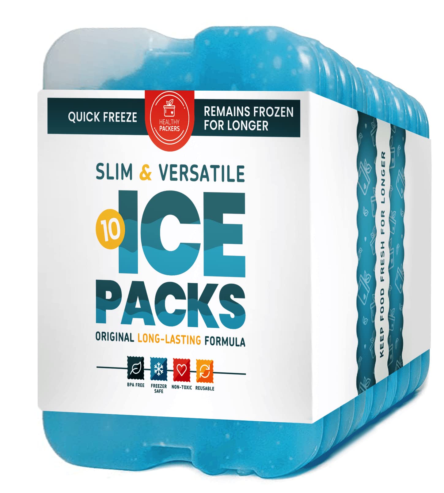 Healthy Packers Ice Packs for Lunch Bags - Original Cool Pack | Slim & Long-Lasting Reusable Ice Pack for Lunch Box, Lunch Bag and Cooler | Freezer Packs for Coolers (Set of 10)