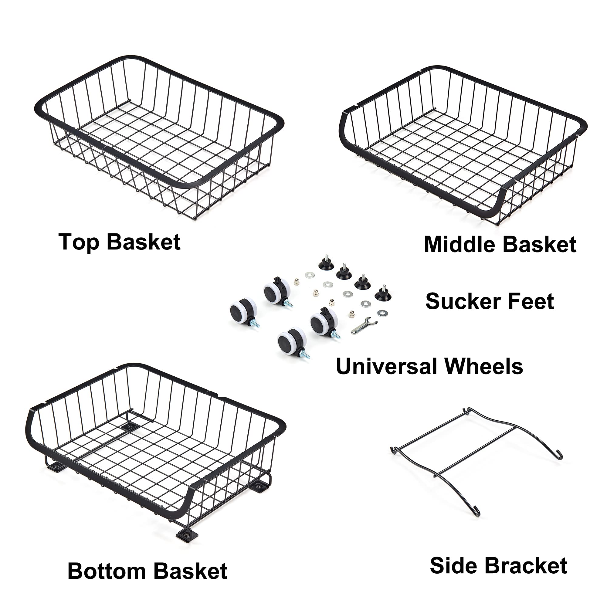 FANWU 5 Tier Fruit Basket Stand, and Vegetable Storage Cart, Wire with Wheels, Metal Stackable Snack Organizer, Potatoes Onions Produce Bins Rack for Kitchen, Pantry (Black-5-Tier Baskets)