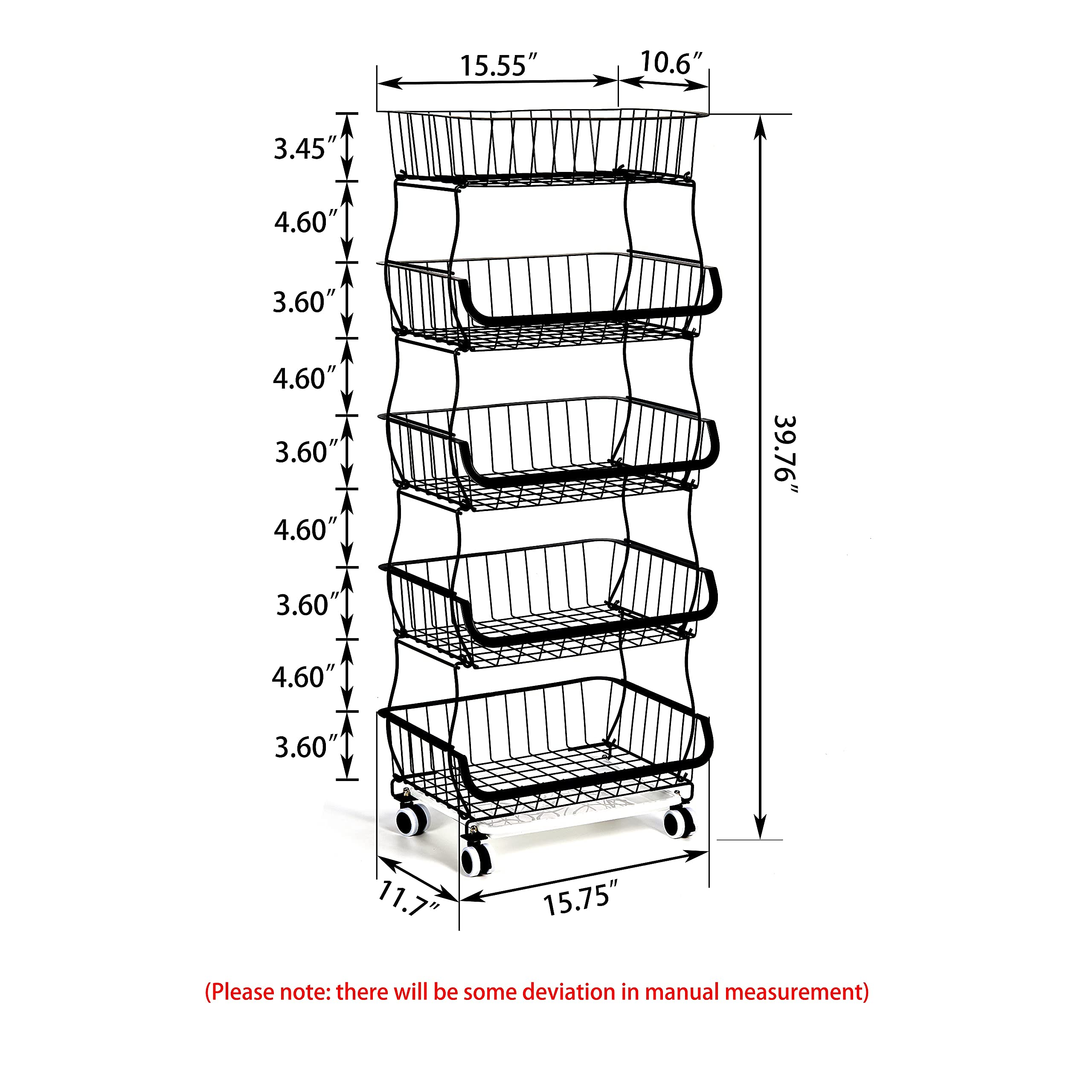 FANWU 5 Tier Fruit Basket Stand, and Vegetable Storage Cart, Wire with Wheels, Metal Stackable Snack Organizer, Potatoes Onions Produce Bins Rack for Kitchen, Pantry (Black-5-Tier Baskets)