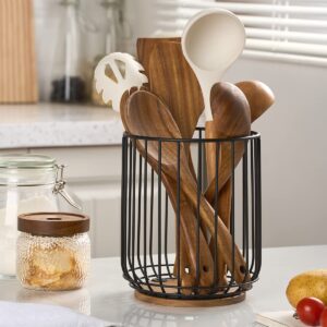 getstar Kitchen Utensil Holder, Large Wire Utensil Holder for Kitchen Counter (W6.2” x H7.5”) with Acacia Base