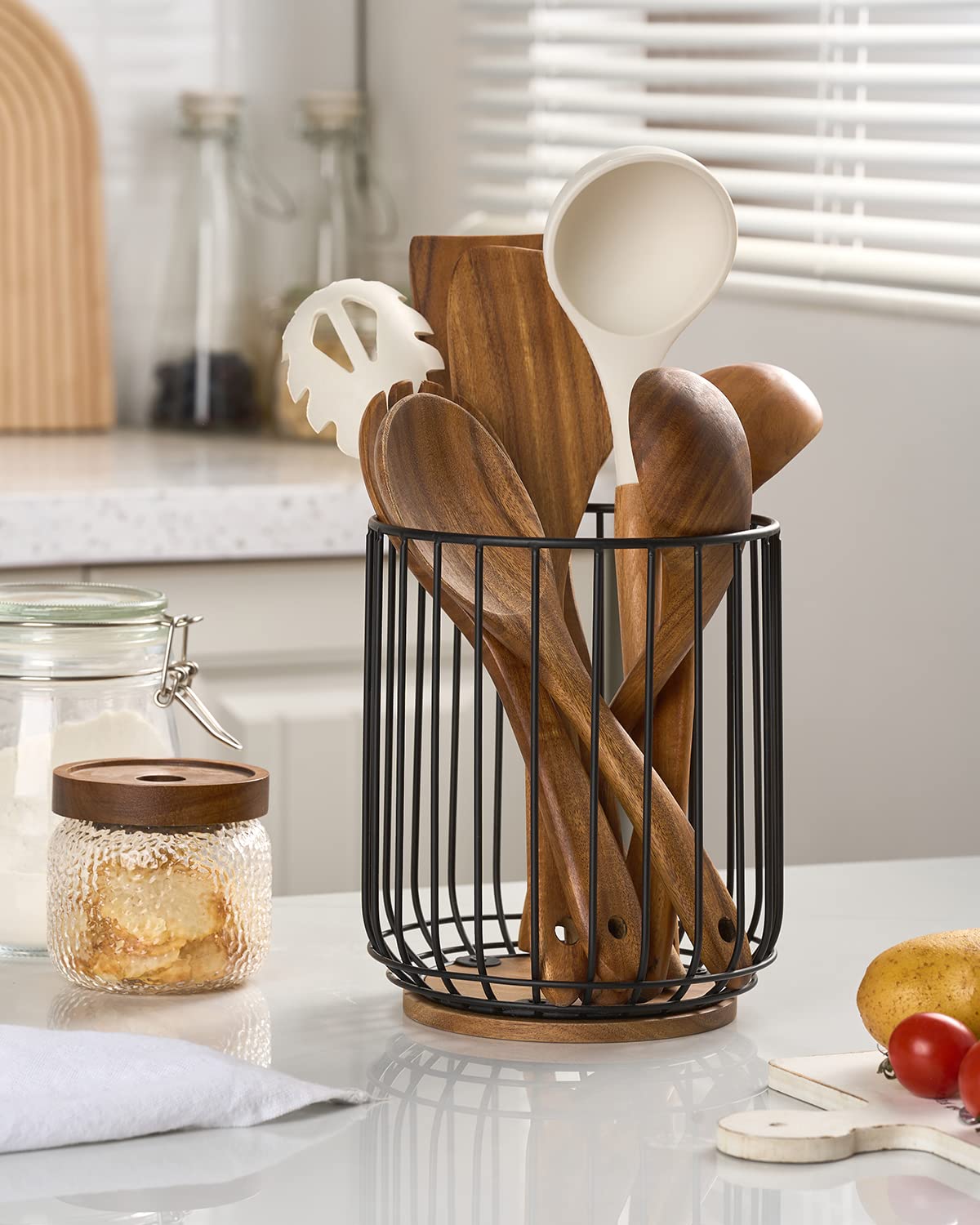 getstar Kitchen Utensil Holder, Large Wire Utensil Holder for Kitchen Counter (W6.2” x H7.5”) with Acacia Base