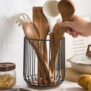 getstar Kitchen Utensil Holder, Large Wire Utensil Holder for Kitchen Counter (W6.2” x H7.5”) with Acacia Base