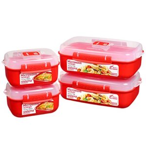 sistema heat and eat 4 rectangular food containers with lids 1.25l + 2x 525ml | locking clips & steam release vents | bpa-free microwave set, 8x10/16x20, 4 pack, red