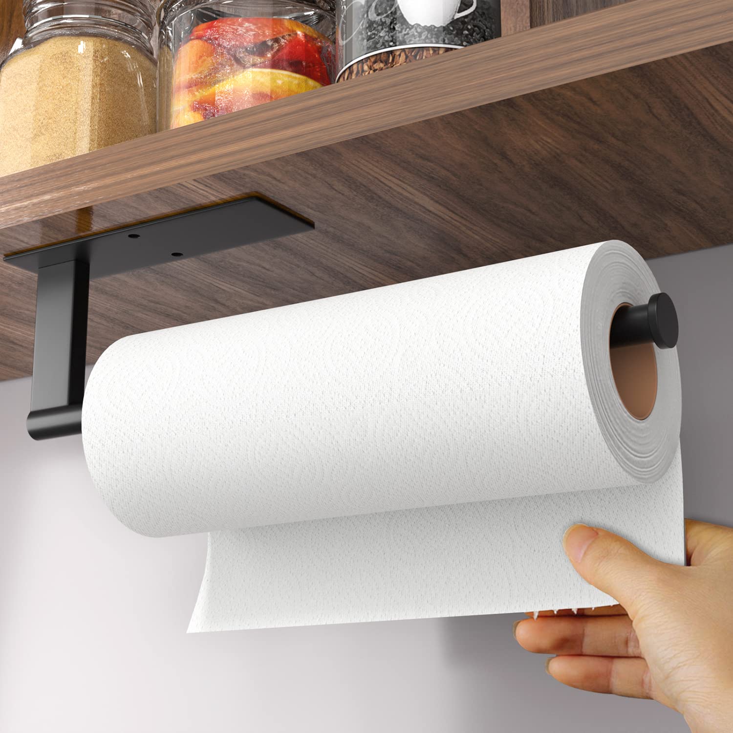 Paper Towel Holder Under Cabinet - Stainless Steel Paper Towel Holder Wall Mount, Self-Adhesive or Drilling, Matte Black Towel Rack for Kitchen Organization and Storage, Kitchen Paper Roll Holder