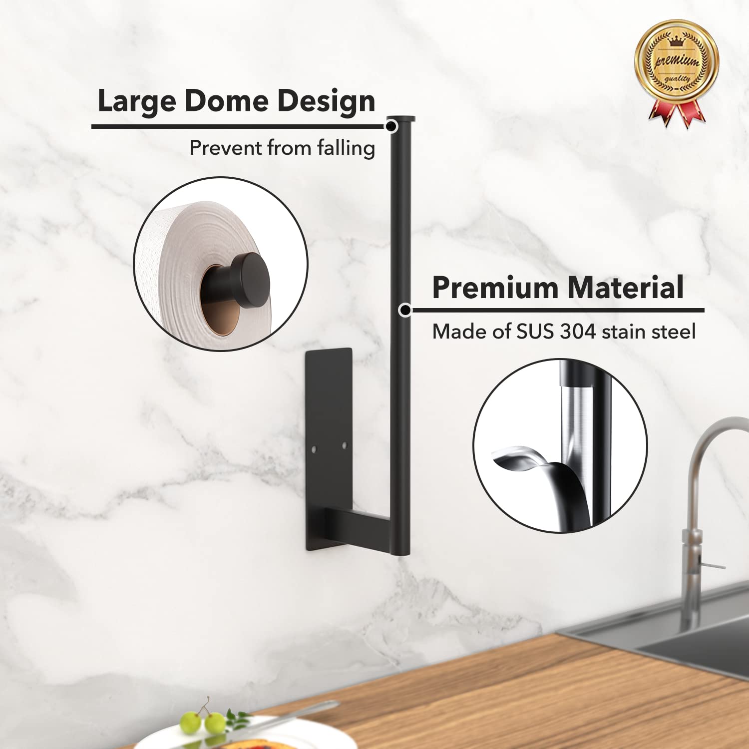 Paper Towel Holder Under Cabinet - Stainless Steel Paper Towel Holder Wall Mount, Self-Adhesive or Drilling, Matte Black Towel Rack for Kitchen Organization and Storage, Kitchen Paper Roll Holder