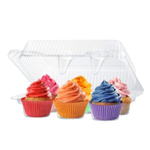 plastic cupcake containers boxes | 6 compartment – 12 pack | disposable high dome dozen cupcake holder with lid bulk | extra sturdy stackable cupcake boxes | durable muffin packaging transporter to go