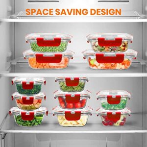 NutriChef Superior Glass Food Storage Containers - 24-Piece Stackable Glass Meal-prep w/ Newly Innovated Hinged BPA-Free 100% Leakproof Locking Lids - Freezer-to-Oven-Safe - NutriChef NCGLRED (Red)