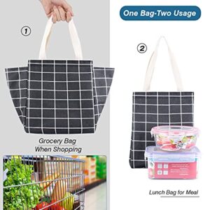 iknoe Insulated Lunch Bag for Women, Durable Wide-Open Foldable & Portable Lunch Tote with Interior Pockets, Water-resistant Thermal Lunch Cooler for Adults Picnic Beach-Black Plaid