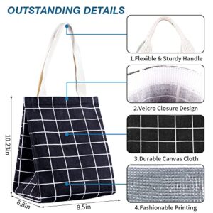 iknoe Insulated Lunch Bag for Women, Durable Wide-Open Foldable & Portable Lunch Tote with Interior Pockets, Water-resistant Thermal Lunch Cooler for Adults Picnic Beach-Black Plaid