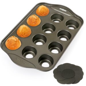 cyimi mini muffin pan 12 cup with removable bottom,nonstick cupcake pans for baking,mini muffin cheesecake tin for oven, 12 cavity premium carbon steel bakeware for bite size tarts