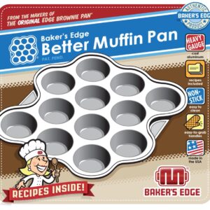 Baker's Edge Muffin Pan, Premium Doble Coated Nonstick Cupcake Pan 100% Made in the USA | Easier to Clean, Cast Aluminum Construction (No Warping) Ideal Tin for Mini Cakes Small Bites & More - 12 Cups