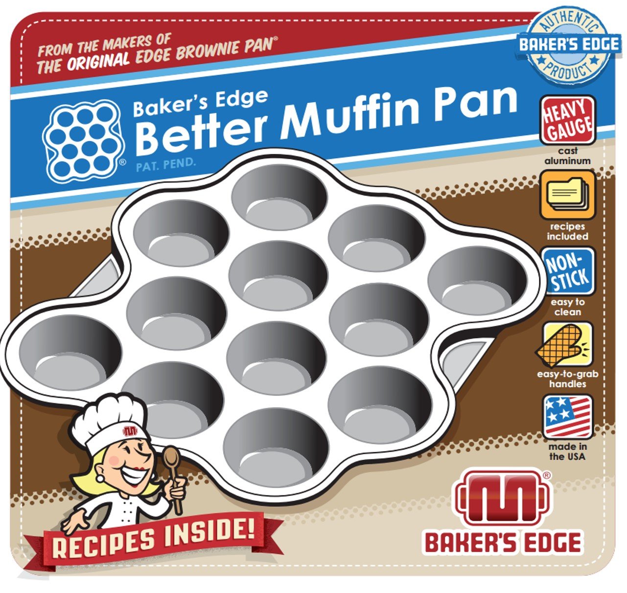 Baker's Edge Muffin Pan, Premium Doble Coated Nonstick Cupcake Pan 100% Made in the USA | Easier to Clean, Cast Aluminum Construction (No Warping) Ideal Tin for Mini Cakes Small Bites & More - 12 Cups