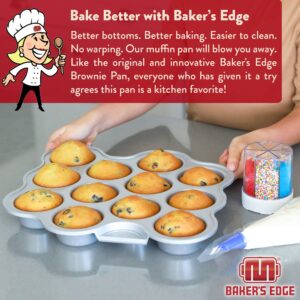 Baker's Edge Muffin Pan, Premium Doble Coated Nonstick Cupcake Pan 100% Made in the USA | Easier to Clean, Cast Aluminum Construction (No Warping) Ideal Tin for Mini Cakes Small Bites & More - 12 Cups