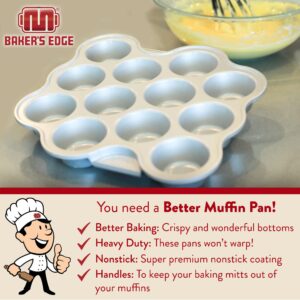 Baker's Edge Muffin Pan, Premium Doble Coated Nonstick Cupcake Pan 100% Made in the USA | Easier to Clean, Cast Aluminum Construction (No Warping) Ideal Tin for Mini Cakes Small Bites & More - 12 Cups