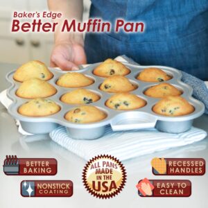 Baker's Edge Muffin Pan, Premium Doble Coated Nonstick Cupcake Pan 100% Made in the USA | Easier to Clean, Cast Aluminum Construction (No Warping) Ideal Tin for Mini Cakes Small Bites & More - 12 Cups