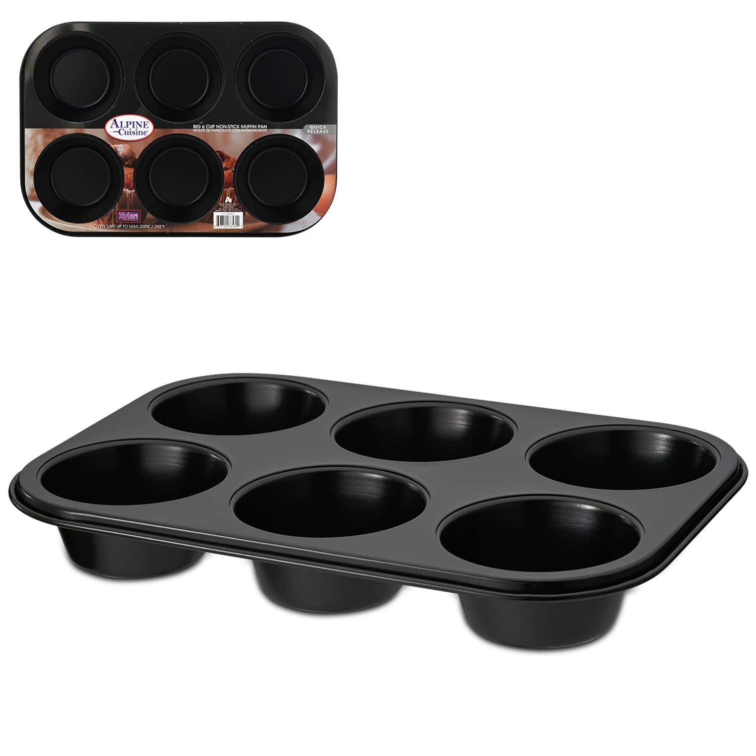 Alpine Cuisine Muffin Pan Big 6 Cup 12.5-Inch - Nonstick Carbon Steel Pan - Black Easy Release, Leak-Proof & Heavy Duty Big Muffin Pan - Easy to Clean Cupcake Pan - Dishwasher Safe Jumbo Muffin Pan