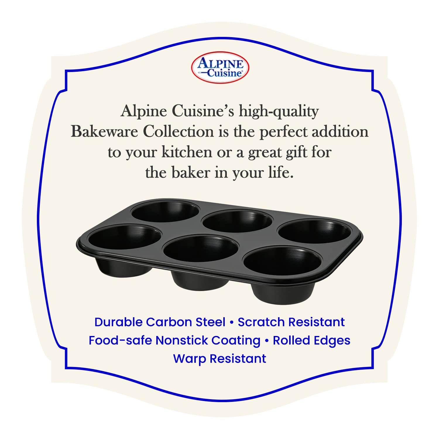 Alpine Cuisine Muffin Pan Big 6 Cup 12.5-Inch - Nonstick Carbon Steel Pan - Black Easy Release, Leak-Proof & Heavy Duty Big Muffin Pan - Easy to Clean Cupcake Pan - Dishwasher Safe Jumbo Muffin Pan