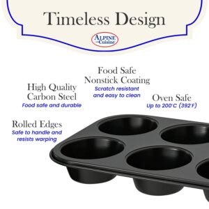 Alpine Cuisine Muffin Pan Big 6 Cup 12.5-Inch - Nonstick Carbon Steel Pan - Black Easy Release, Leak-Proof & Heavy Duty Big Muffin Pan - Easy to Clean Cupcake Pan - Dishwasher Safe Jumbo Muffin Pan