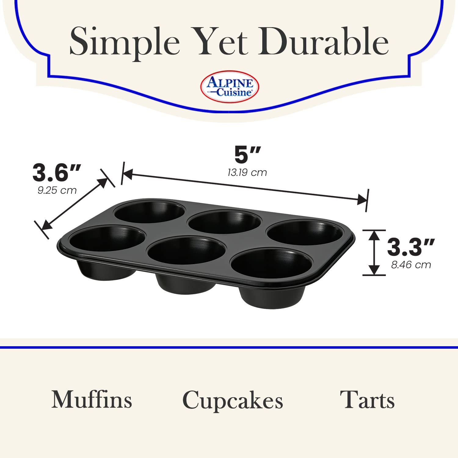 Alpine Cuisine Muffin Pan Big 6 Cup 12.5-Inch - Nonstick Carbon Steel Pan - Black Easy Release, Leak-Proof & Heavy Duty Big Muffin Pan - Easy to Clean Cupcake Pan - Dishwasher Safe Jumbo Muffin Pan