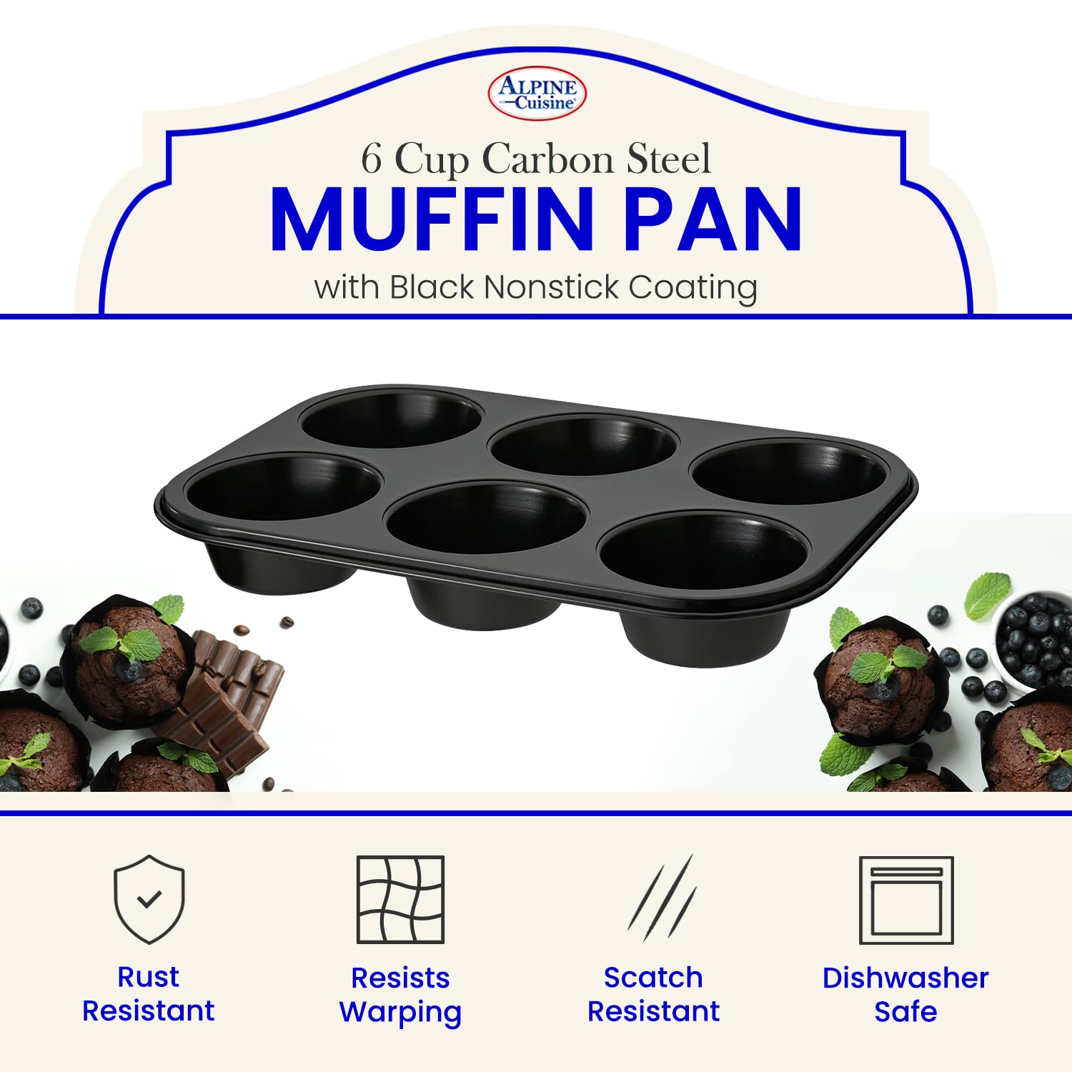 Alpine Cuisine Muffin Pan Big 6 Cup 12.5-Inch - Nonstick Carbon Steel Pan - Black Easy Release, Leak-Proof & Heavy Duty Big Muffin Pan - Easy to Clean Cupcake Pan - Dishwasher Safe Jumbo Muffin Pan